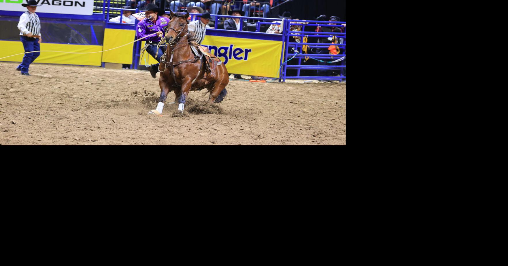 Tie-down roper Haven Meged in round nine of the 2025 NFR in Las Vegas.