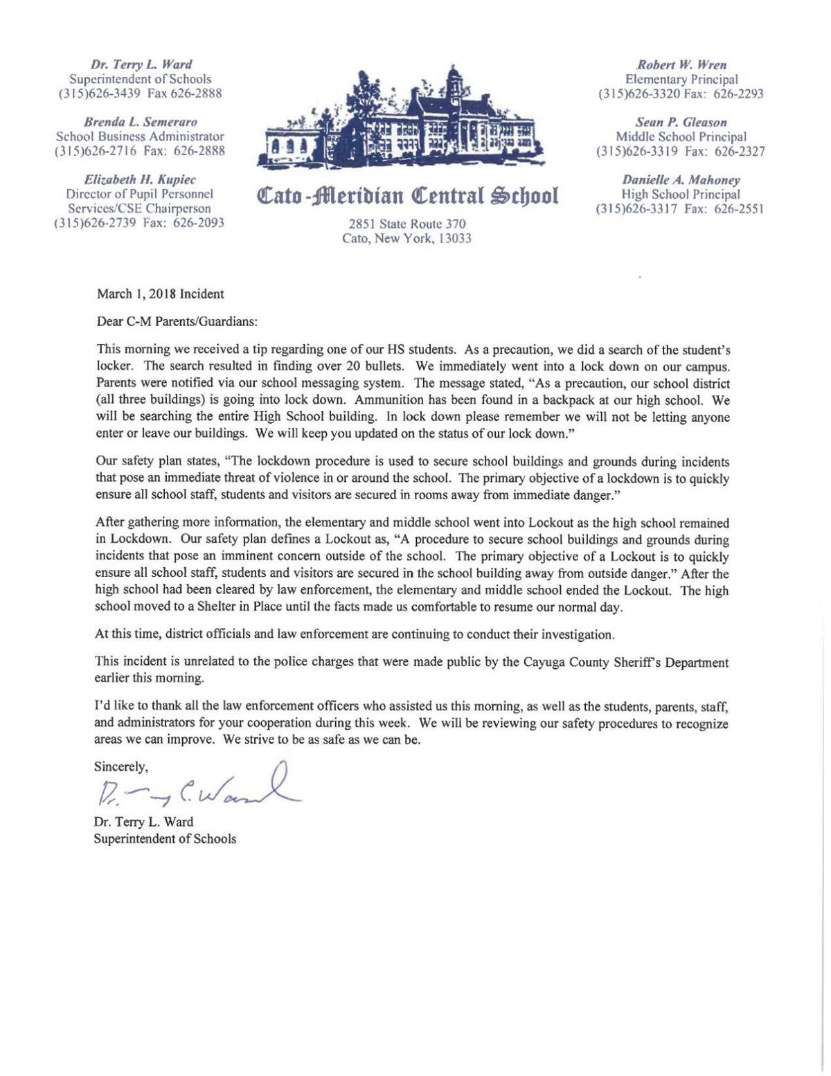 Cato-Meridian Lockdown Letter