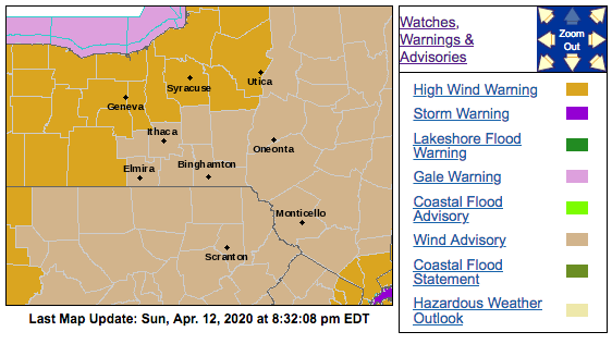 High wind warnings issued for Cayuga County on Monday