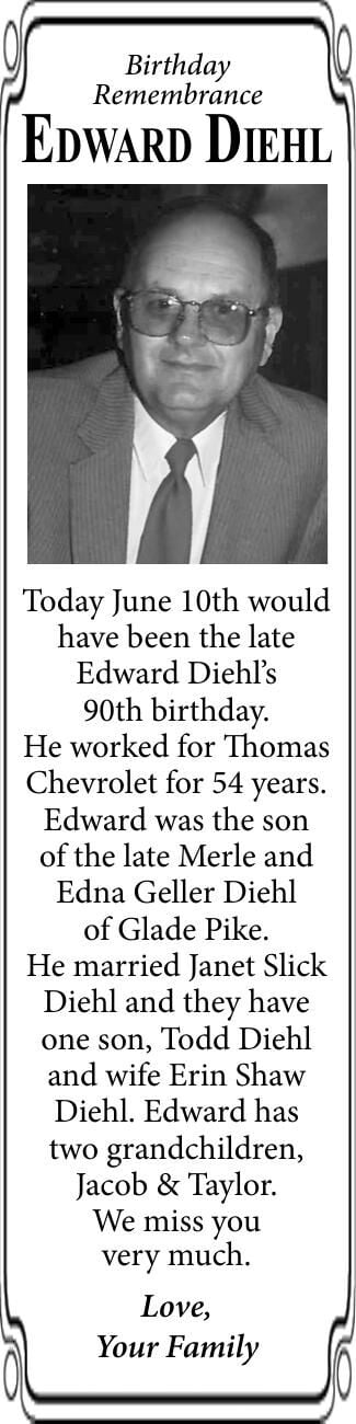 Birthday Remembrance EDWARD DIEHL Today | Services | bedfordgazette.com