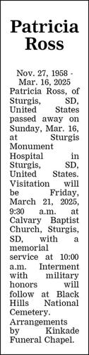 Patricia Ross | Obituaries | bhpioneer.com