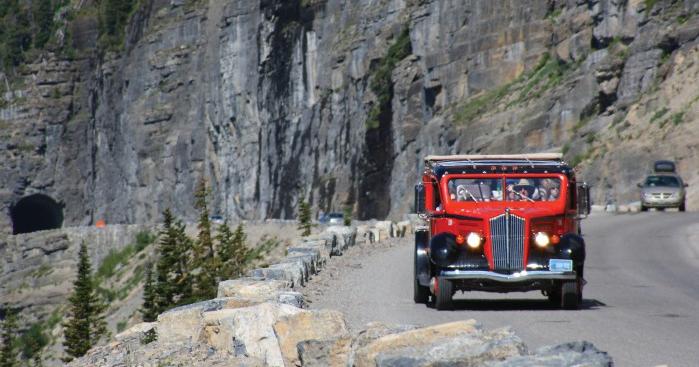 At Glacier National Park, Red Buses at the Ready