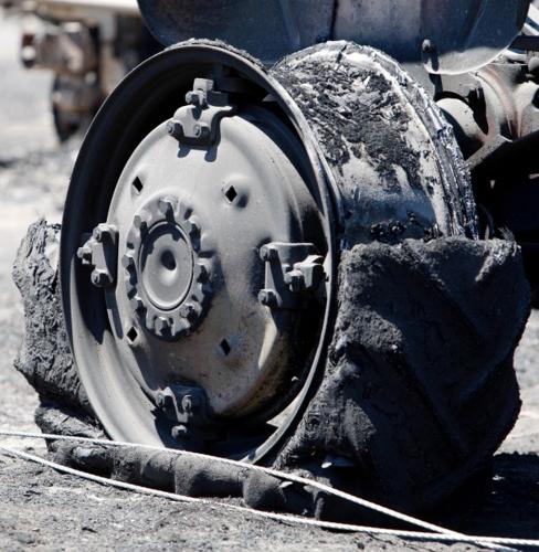 A tire is melted off the rim