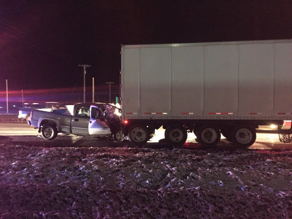 2 hospitalized after pickup hits semi on I-90