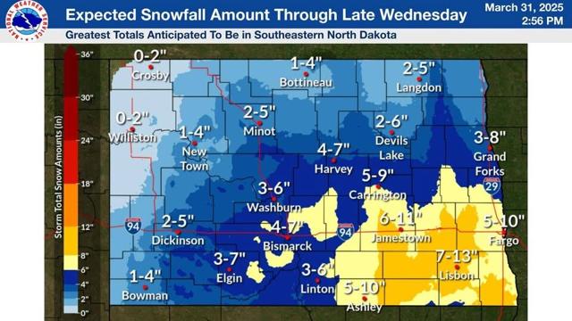 Storm forecast to drop snow from Bismarck-Mandan to Fargo