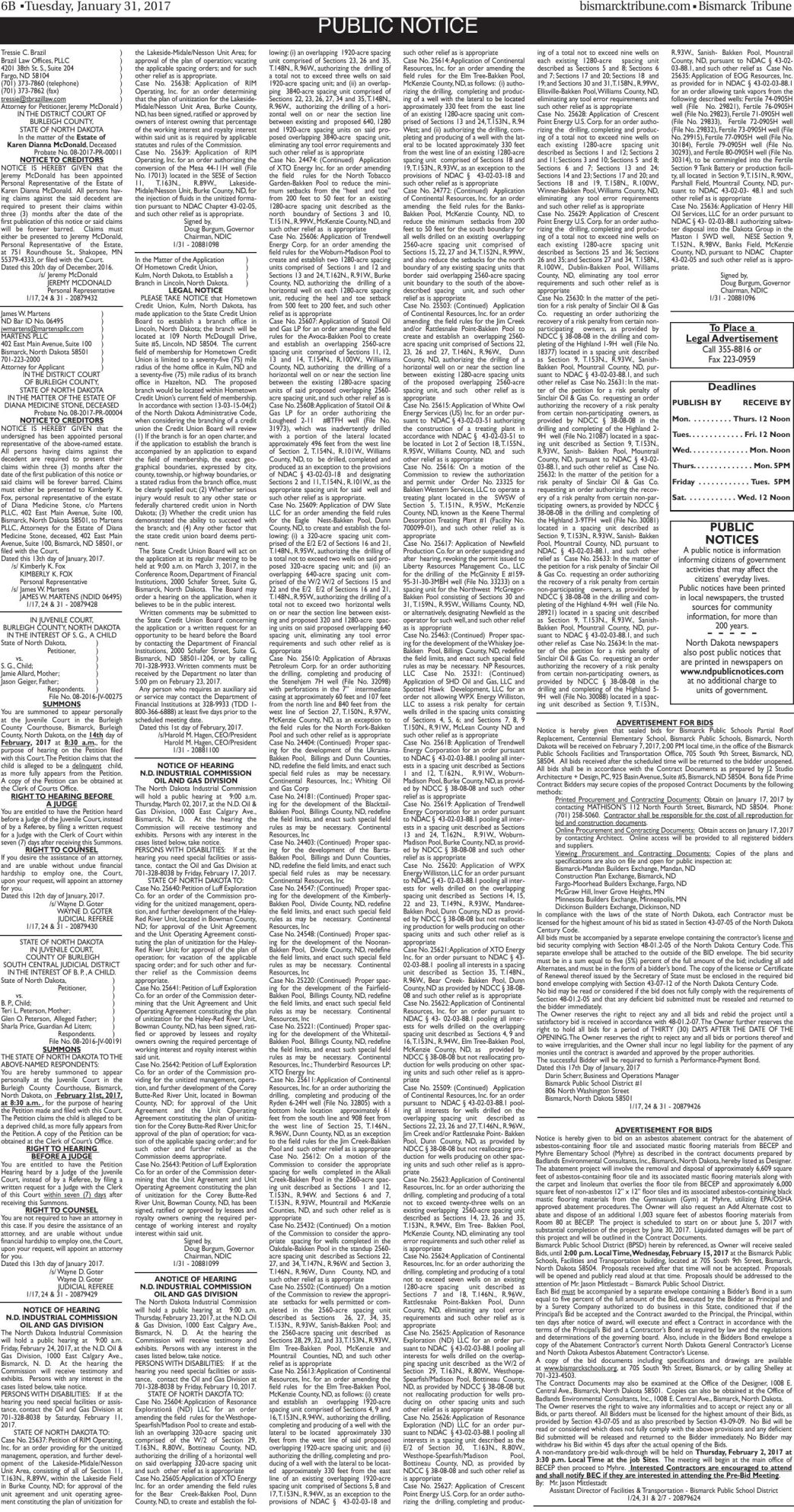 Legals - January 31, 2017