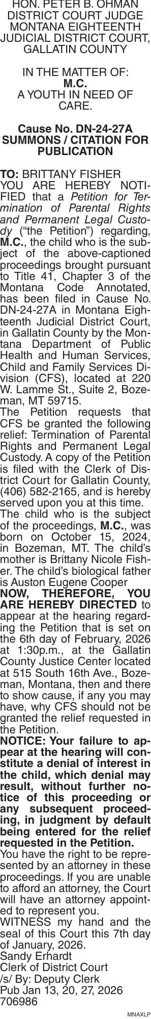 HON. PETER B. OHMAN DISTRICT COURT | Legals | bozemandailychronicle.com