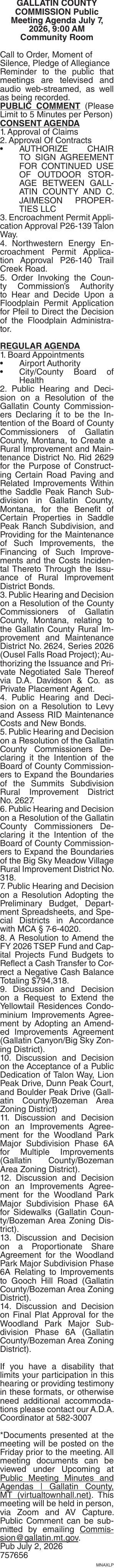 PUBLIC MEETING AGENDA JULY 7 2026 | Legals | bozemandailychronicle.com