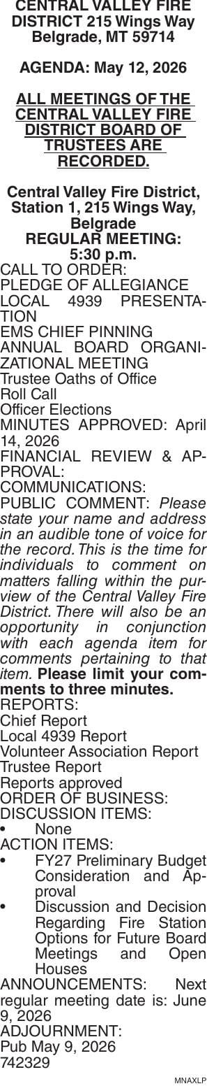CENTRAL VALLEY FIRE DISTRICT 215 | Legals | bozemandailychronicle.com