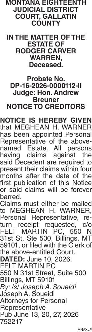 NTC - RODGER CARVER WARREN | Legals | bozemandailychronicle.com