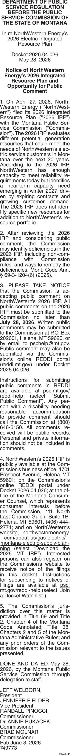 DEPARTMENT OF PUBLIC SERVICE | Legals | bozemandailychronicle.com