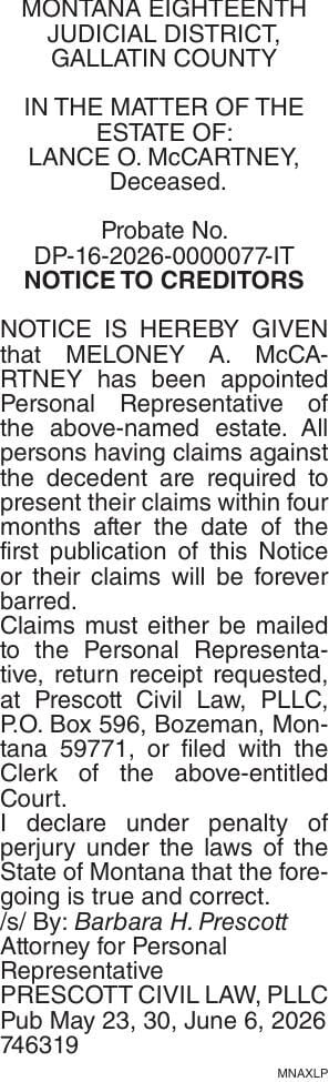 NTC LANCE O. MCCARTNEY | Legals | bozemandailychronicle.com