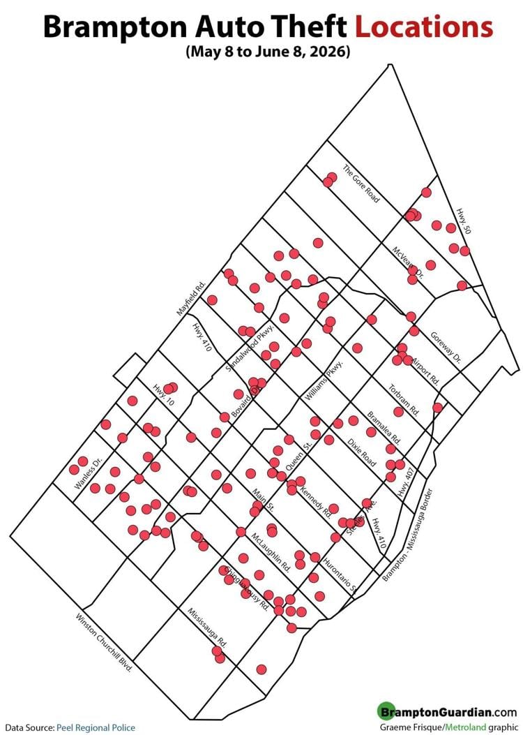 MAP: 160 cars stolen in Brampton in 1 month, top targets