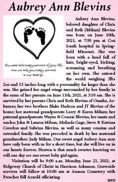 Aubrey Ann Blevins | Obituaries | bransontrilakesnews.com