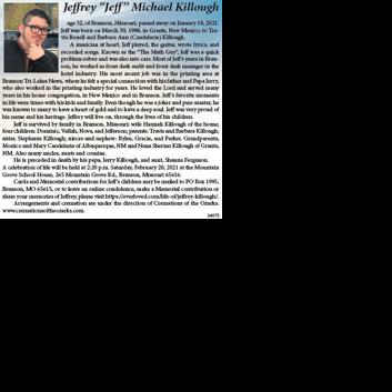 Jeffrey Michael Killough | Obituaries | bransontrilakesnews.com