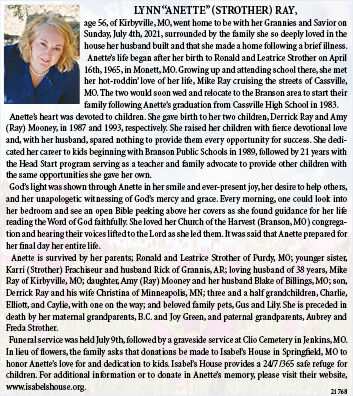 Lynn Anette Strother Ray | Obituaries | bransontrilakesnews.com