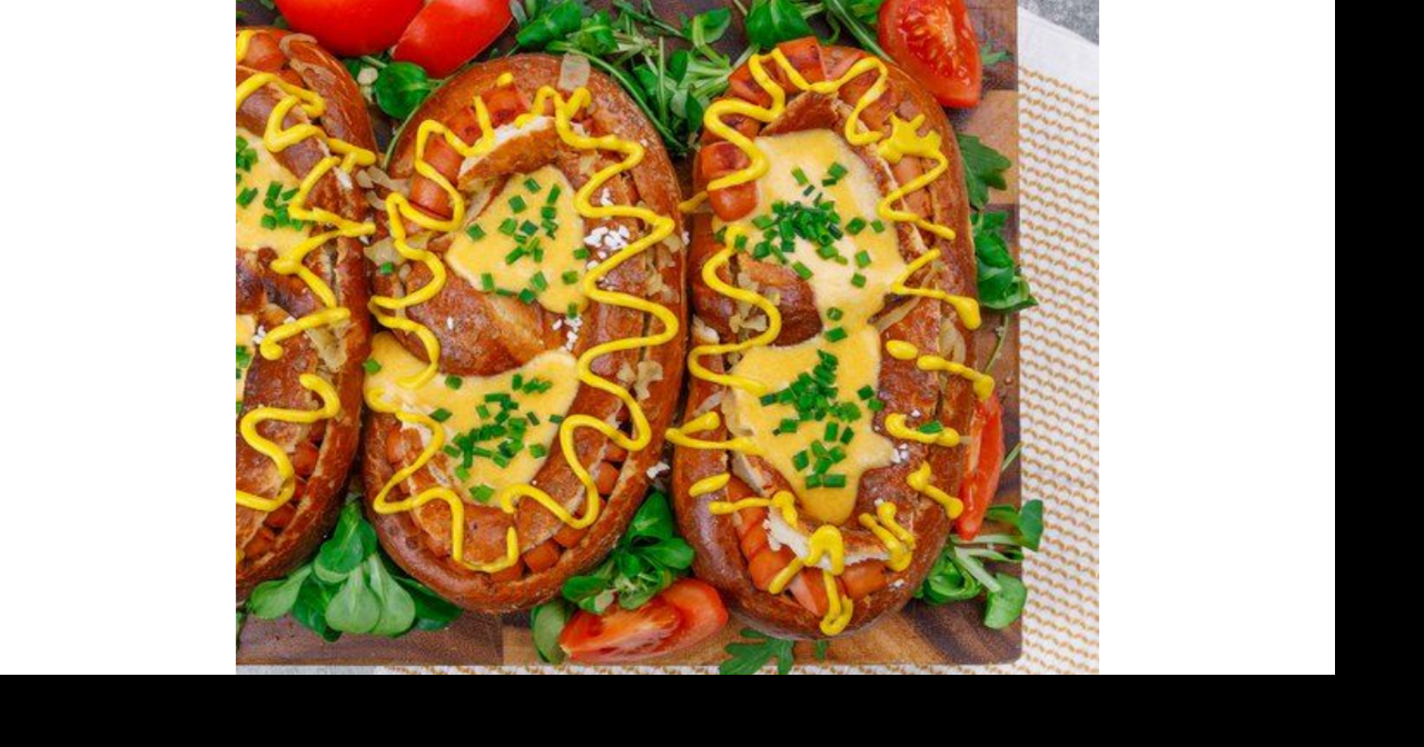 Cheesy Griddled Hot Dogs with Pretzel Buns Recipe