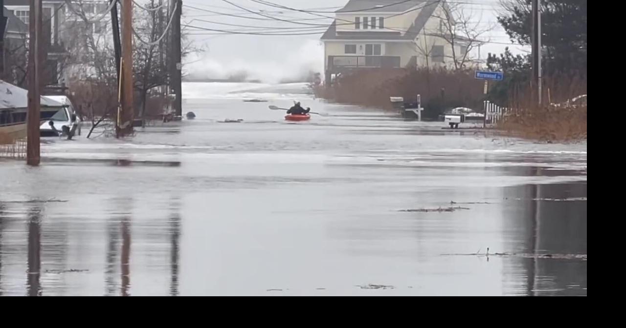 Coastal flooding prompted road closures in Wells, ME, USA