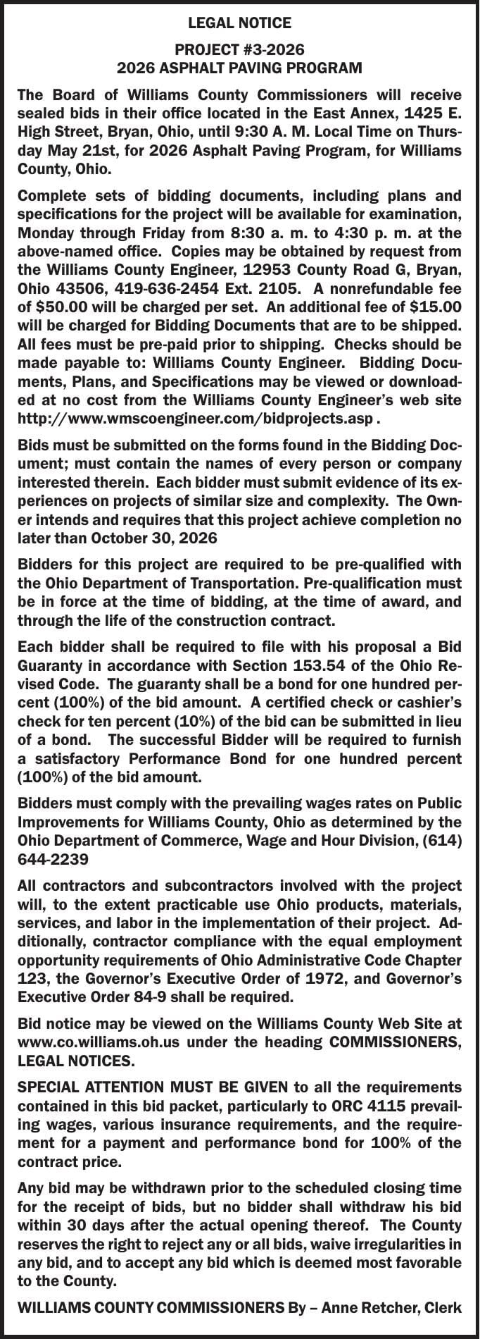 LEGAL NOTICE PROJECT #3-2026 2026 | Ads | bryantimes.com
