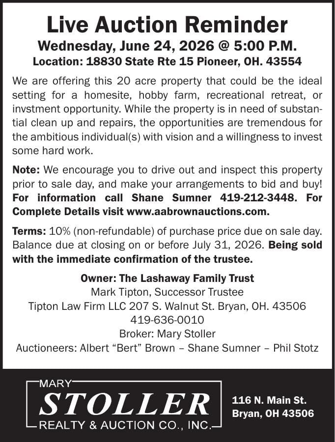 Live Auction Reminder Wednesday, June | Ads | bryantimes.com