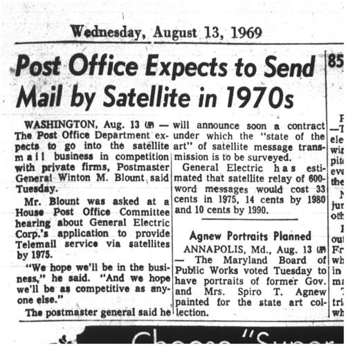 Aug. 13, 1969: Post Office looks forward to 'mail by satellite'