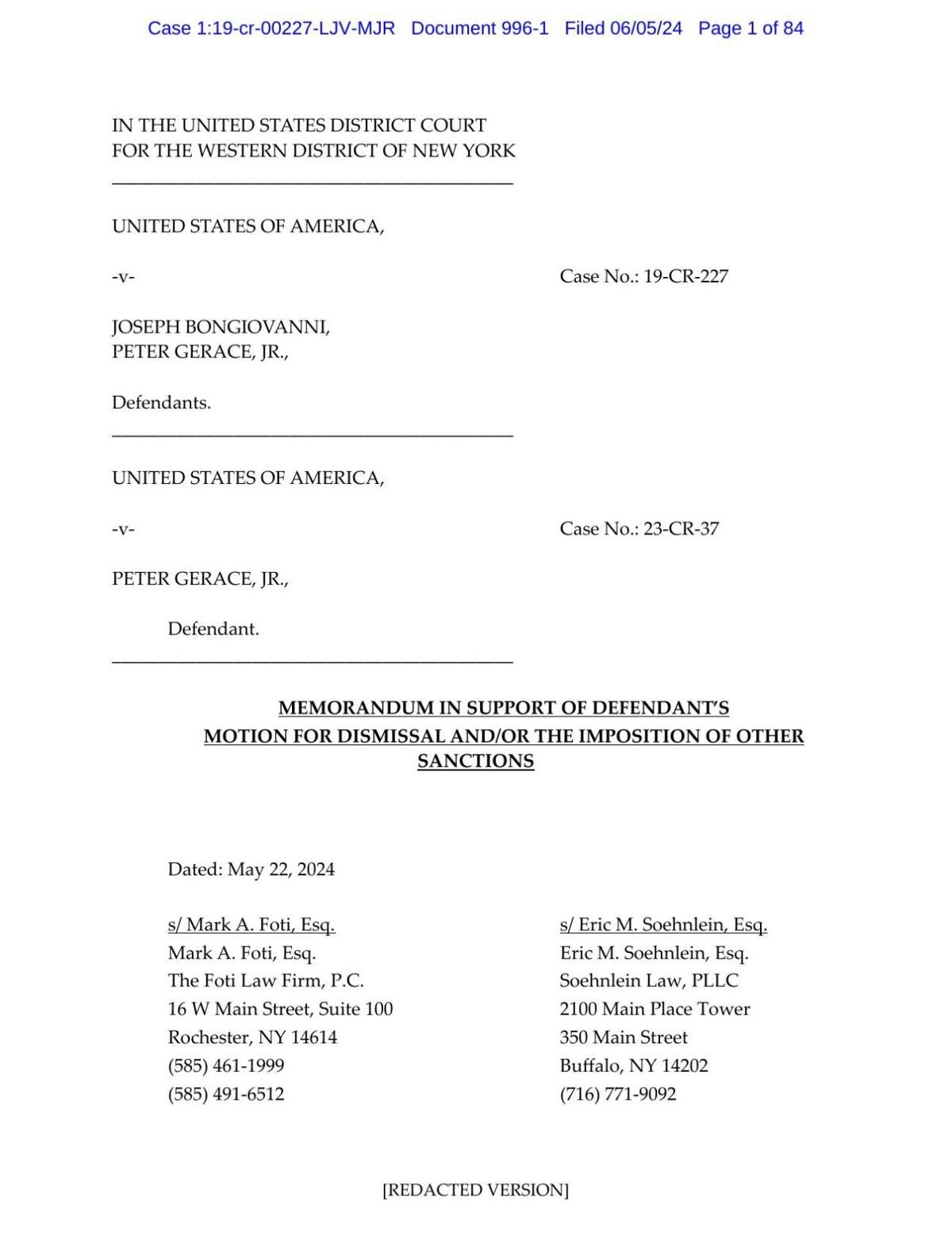 Memorandum in support of Peter Gerace Jr.'s motion for dismissal