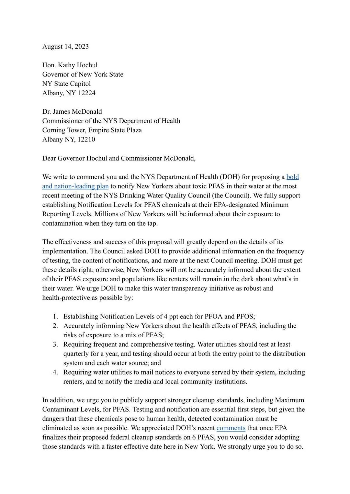 Letter to New York officials requests changes to PFAS plan