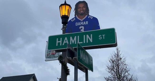 Sign turns Hamlin Street in East Aurora to Damar Hamlin Street