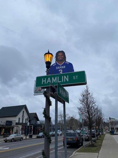 Sign turns Hamlin Street in East Aurora to Damar Hamlin Street