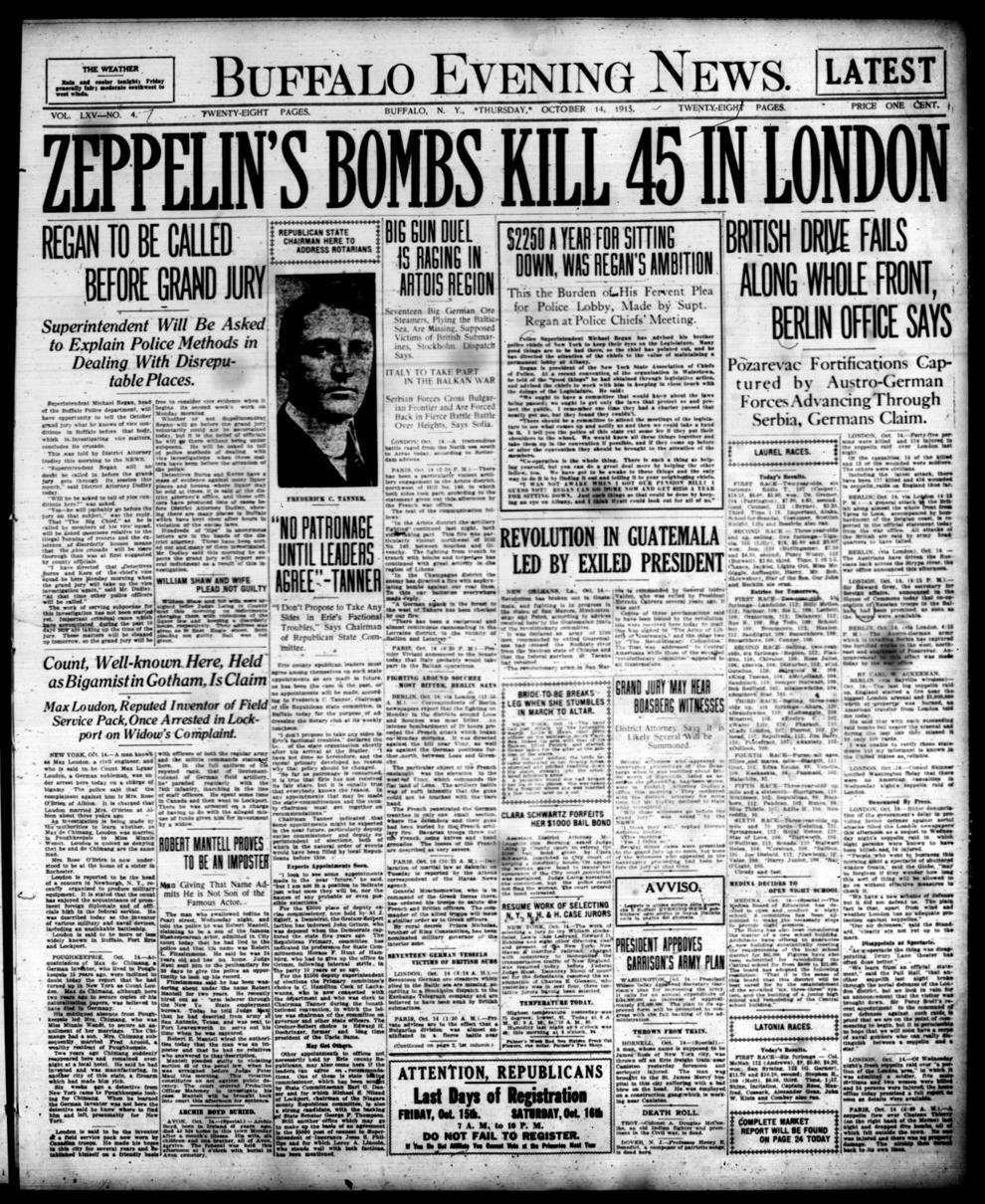 Front page Oct. 14, 1915: 'Zeppelin's bombs kill 45 in London'