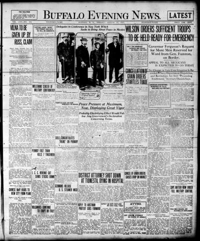 Front page Aug. 13, 1915: 'Wilson orders sufficient troops to be held ...