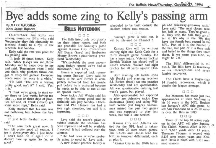 Oct. 27, 1994: Bills bye adds some zing to Jim Kelly's arm