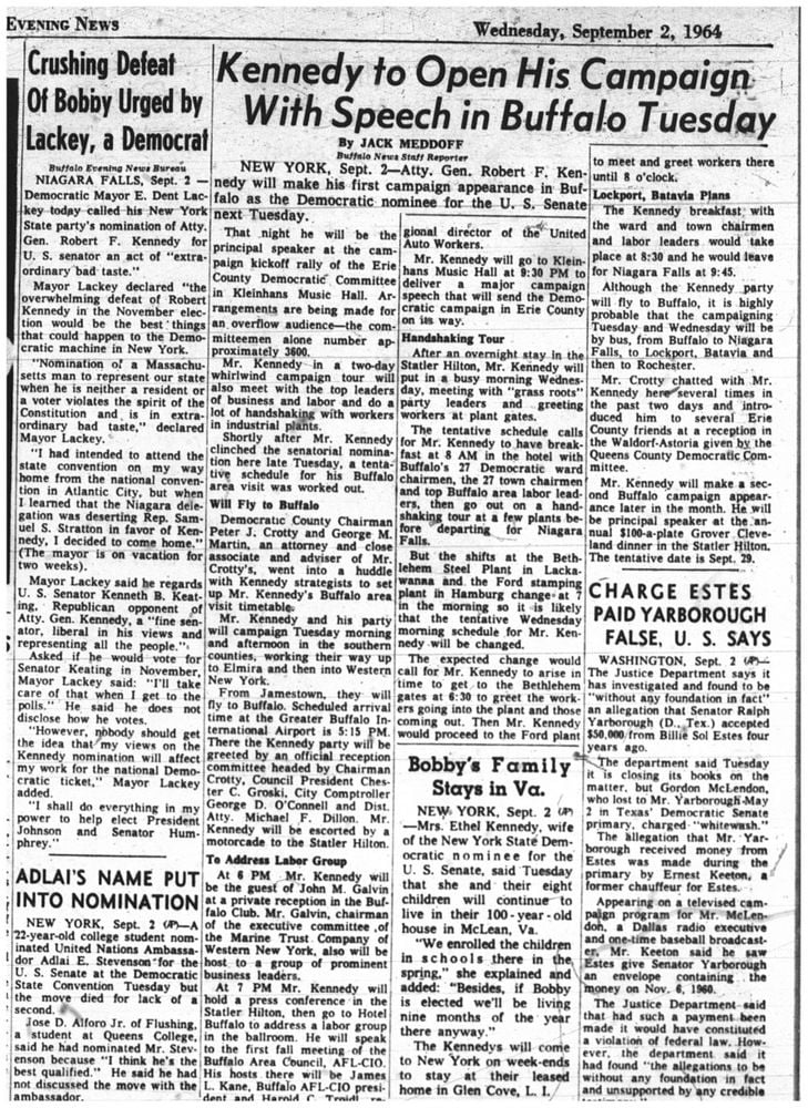 Sept. 1, 1964: Robert Kennedy to run for Senate; first stop: Buffalo