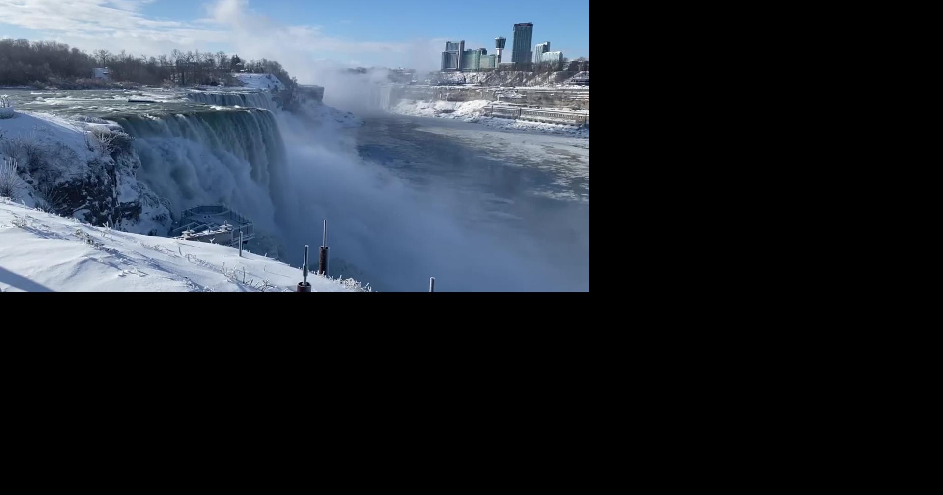 Niagara Falls roars on a sunny, frigid day