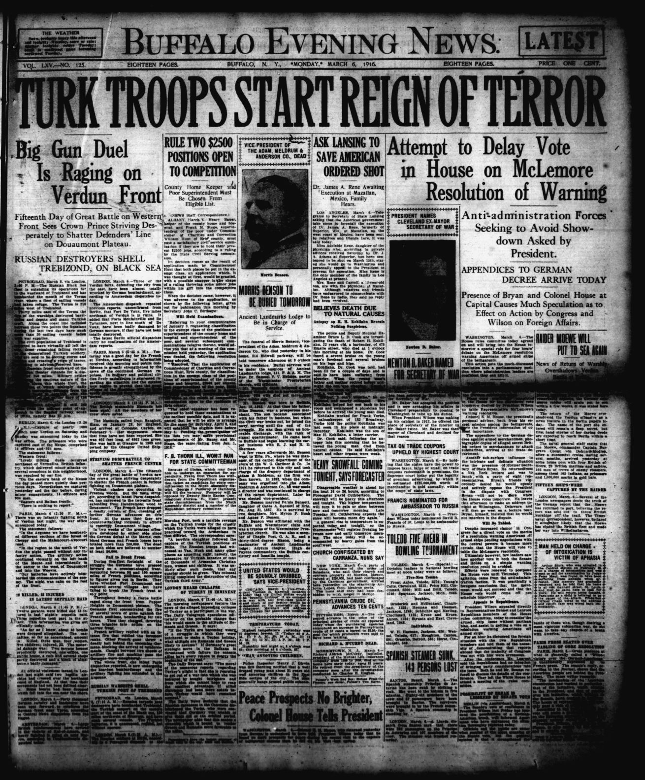 Front page March 6, 1916: 'Turk troops start reign of terror'