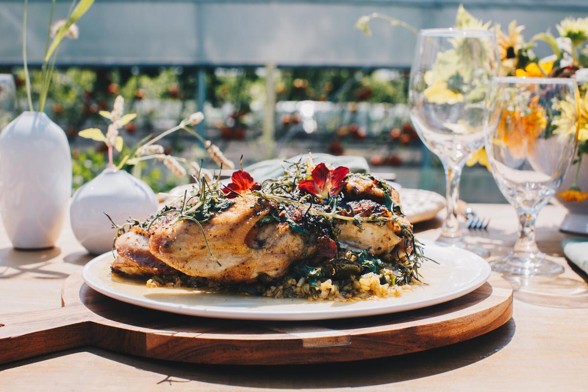 Dig In, Buffalo! Grilled chicken and vegetables with farro verde salad