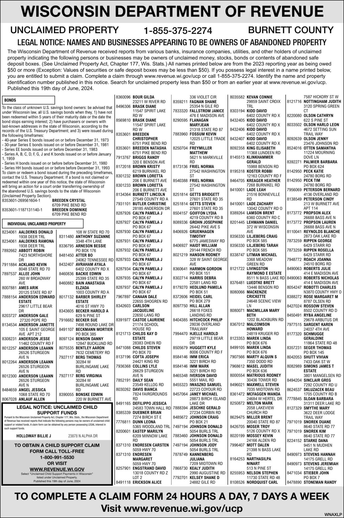 WISCONSIN DEPARTMENT OF REVENUE UNCLAIMED PROPERTY (part 1of2) | Public ...