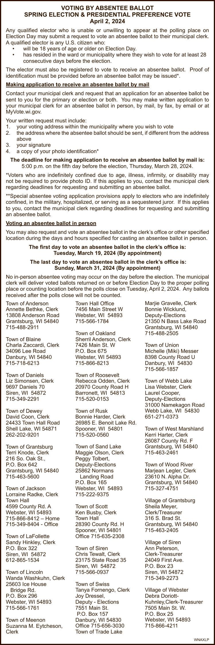 VOTING BY ABSENTEE BALLOT SPRING ELECTION & PRESIDENTIAL PREFERENCE ...
