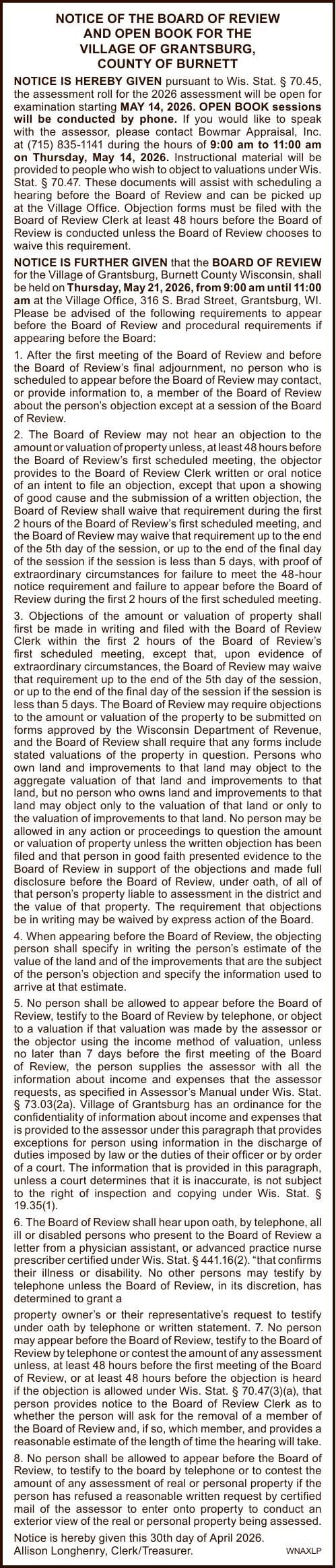 NOTICE OF THE BOARD OF REVIEW AND OPEN BOOK FOR THE VILLAGE OF ...