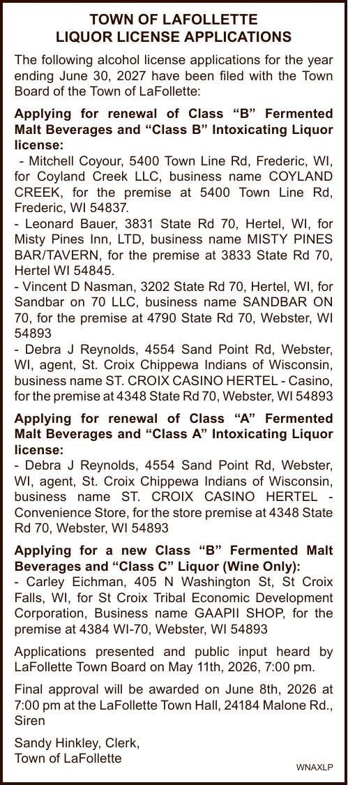 TOWN OF LAFOLLETTE LIQUOR LICENSE APPLICATIONS | Public Notices ...