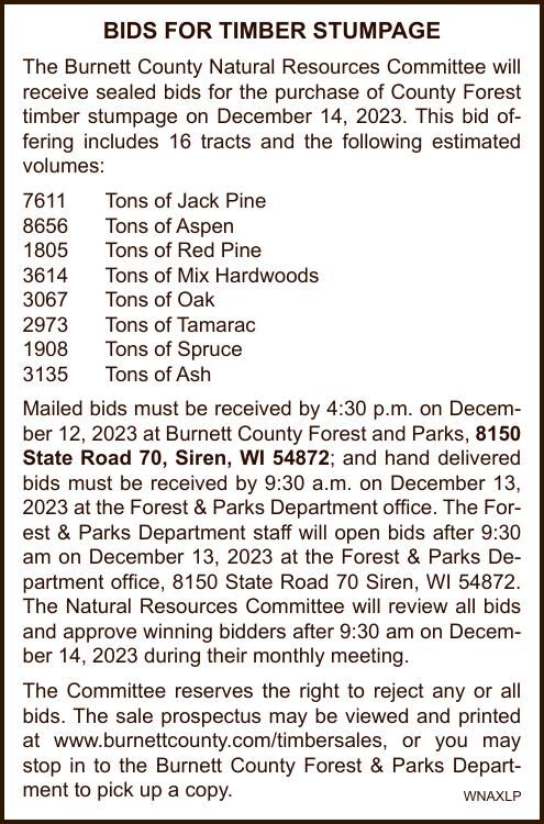 BIDS FOR TIMBER STUMPAGE | Public Notices | burnettcountysentinel.com