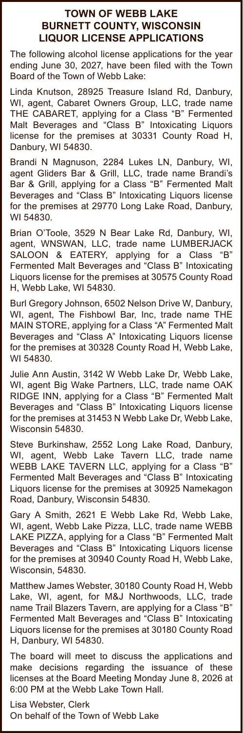 TOWN OF WEBB LAKE BURNETT COUNTY, WISCONSIN LIQUOR LICENSE APPLICATIONS ...