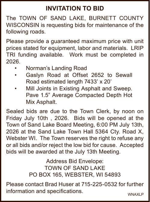 INVITATION TO BID The TOWN OF SAND LAKE, BURNETT COUNTY | Public ...