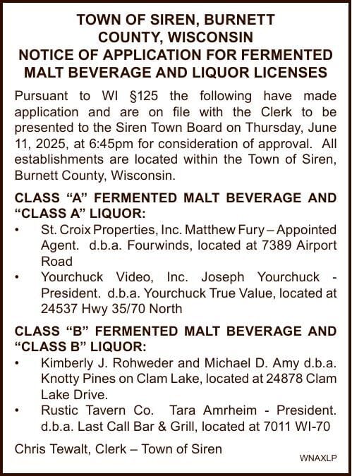 TOWN OF SIREN, BURNETT COUNTY, WISCONSIN NOTICE OF APPLICATION FOR ...