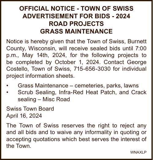 OFFICIAL NOTICE - TOWN OF SWISS ADVERTISEMENT FOR BIDS - 2024 | Public ...
