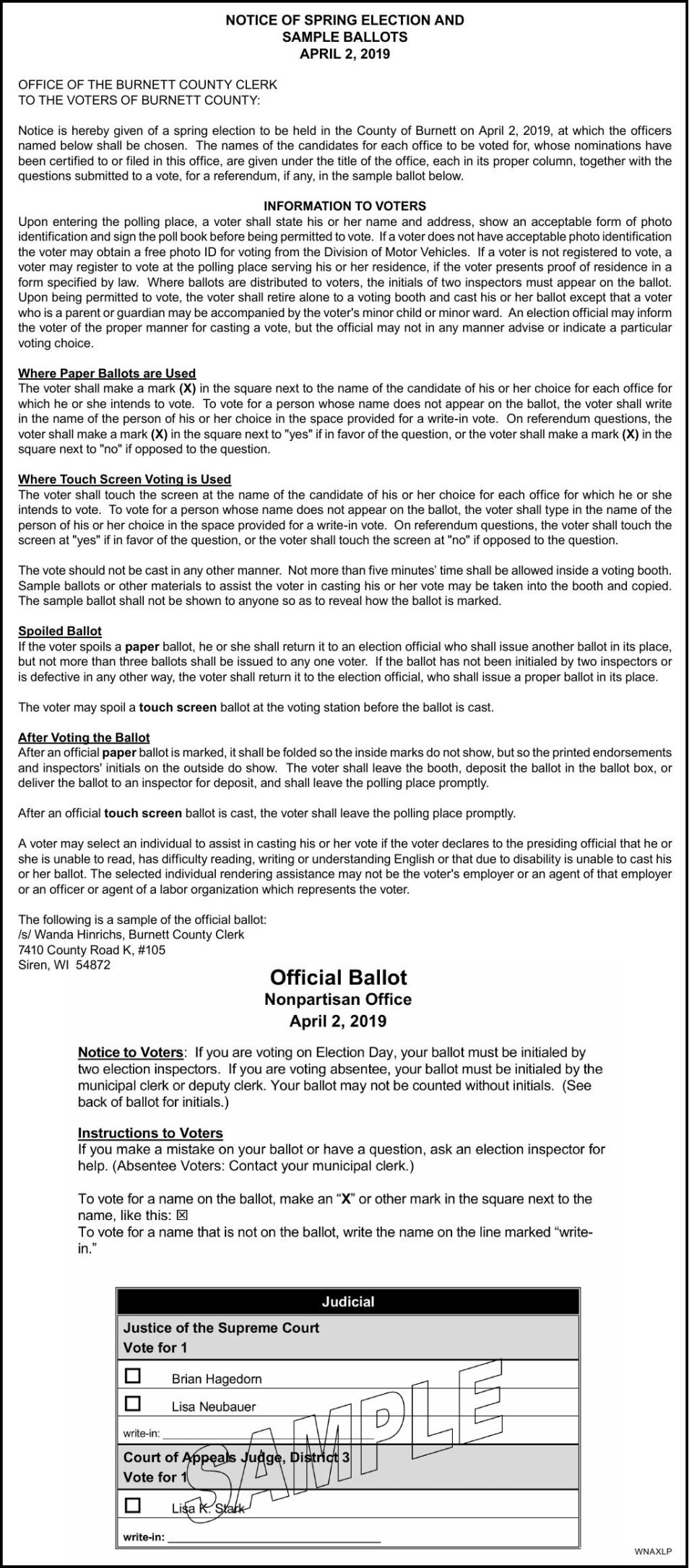 NOTICE OF SPRING ELECTION AND SAMPLE BALLOTS APRIL 2, 2019 BURNETT ...