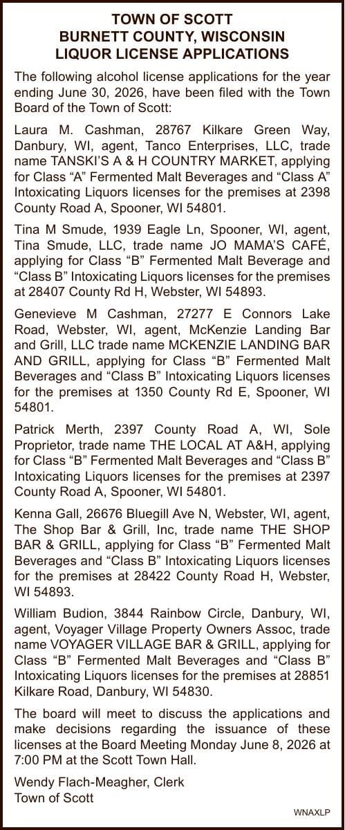 TOWN OF SCOTT BURNETT COUNTY, WISCONSIN LIQUOR LICENSE APPLICATIONS ...