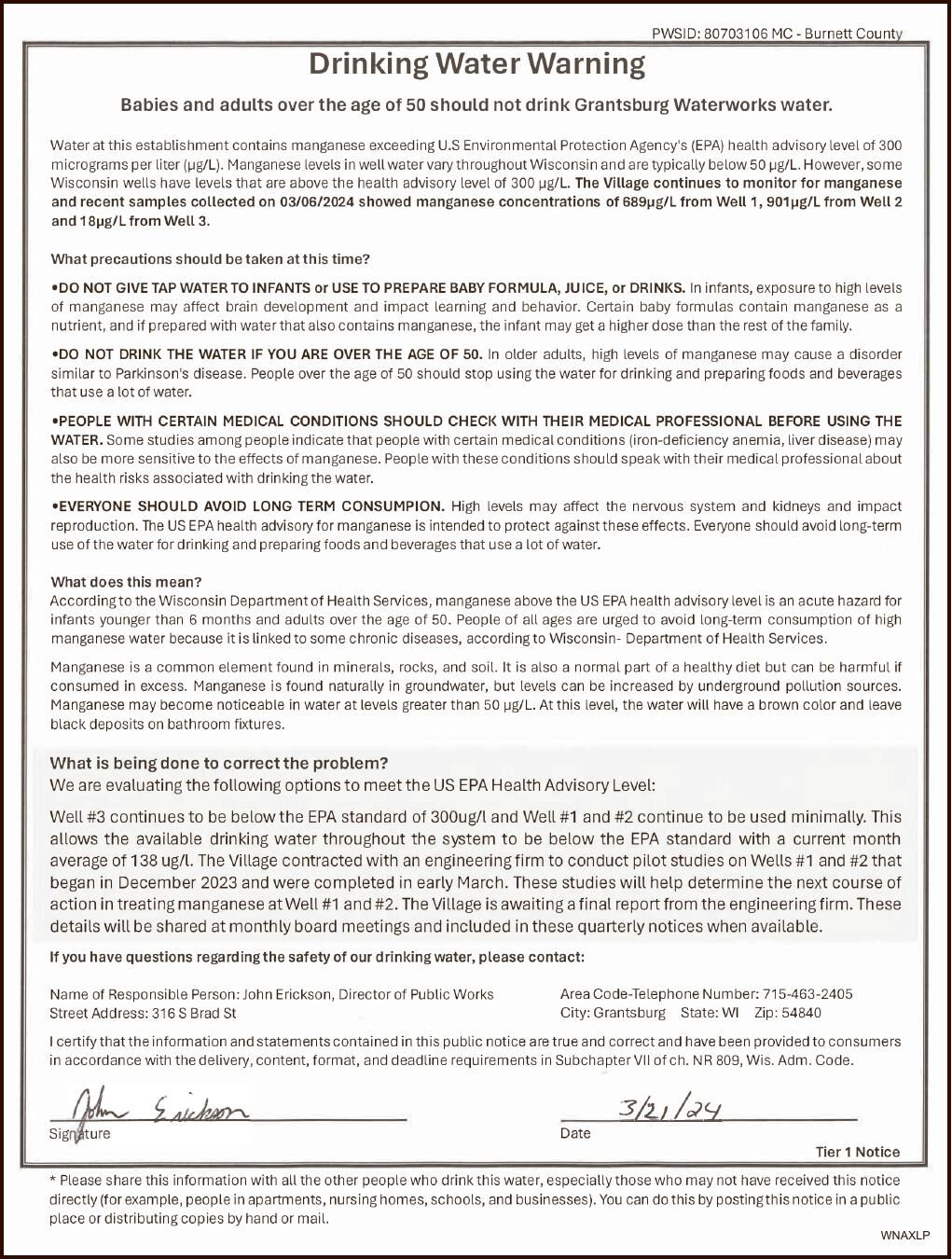 Drinking Water Warning (Grantsburg) | Public Notices ...