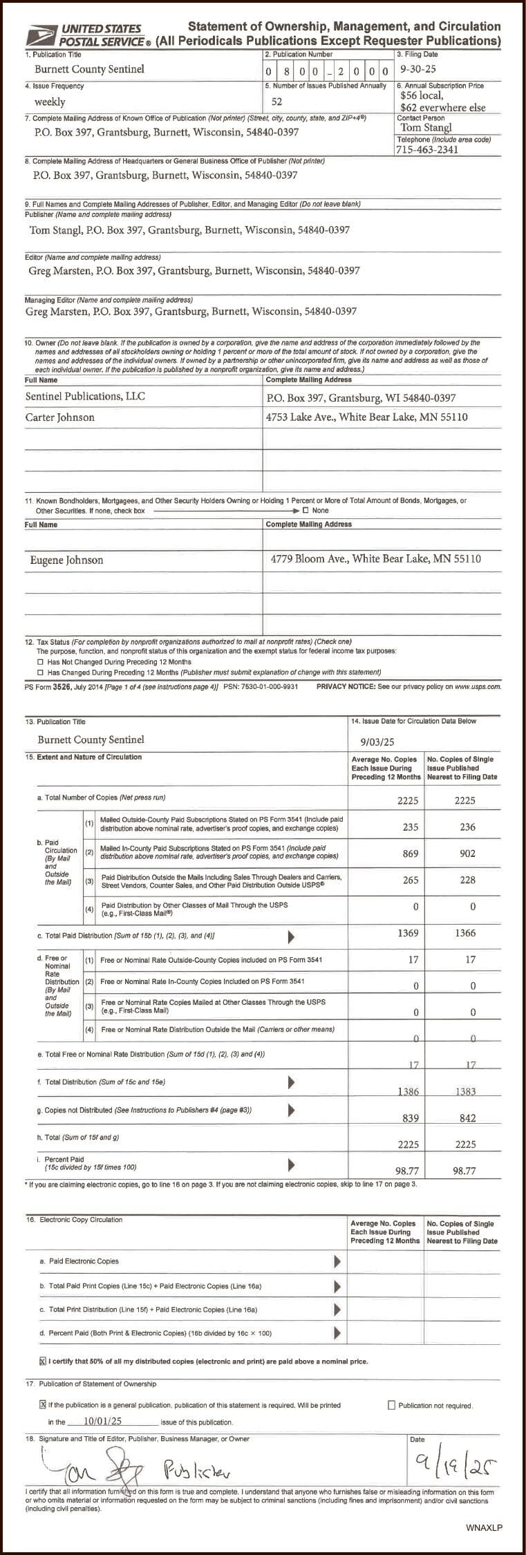 BCS - Statement of Ownership | Public Notices | burnettcountysentinel.com