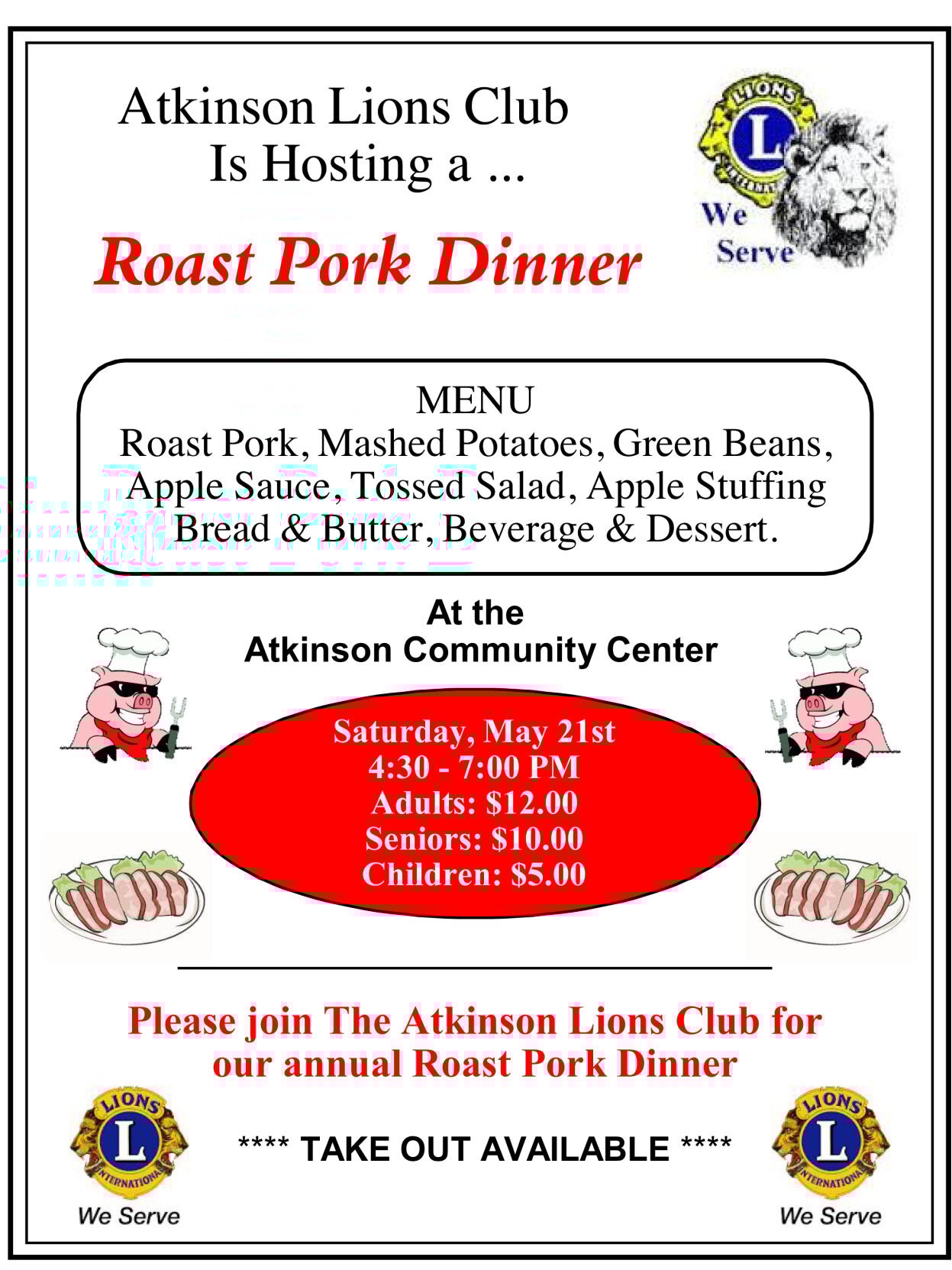 Atkinson Lions to Host Roast Pork Dinner | Food And Fun ...
